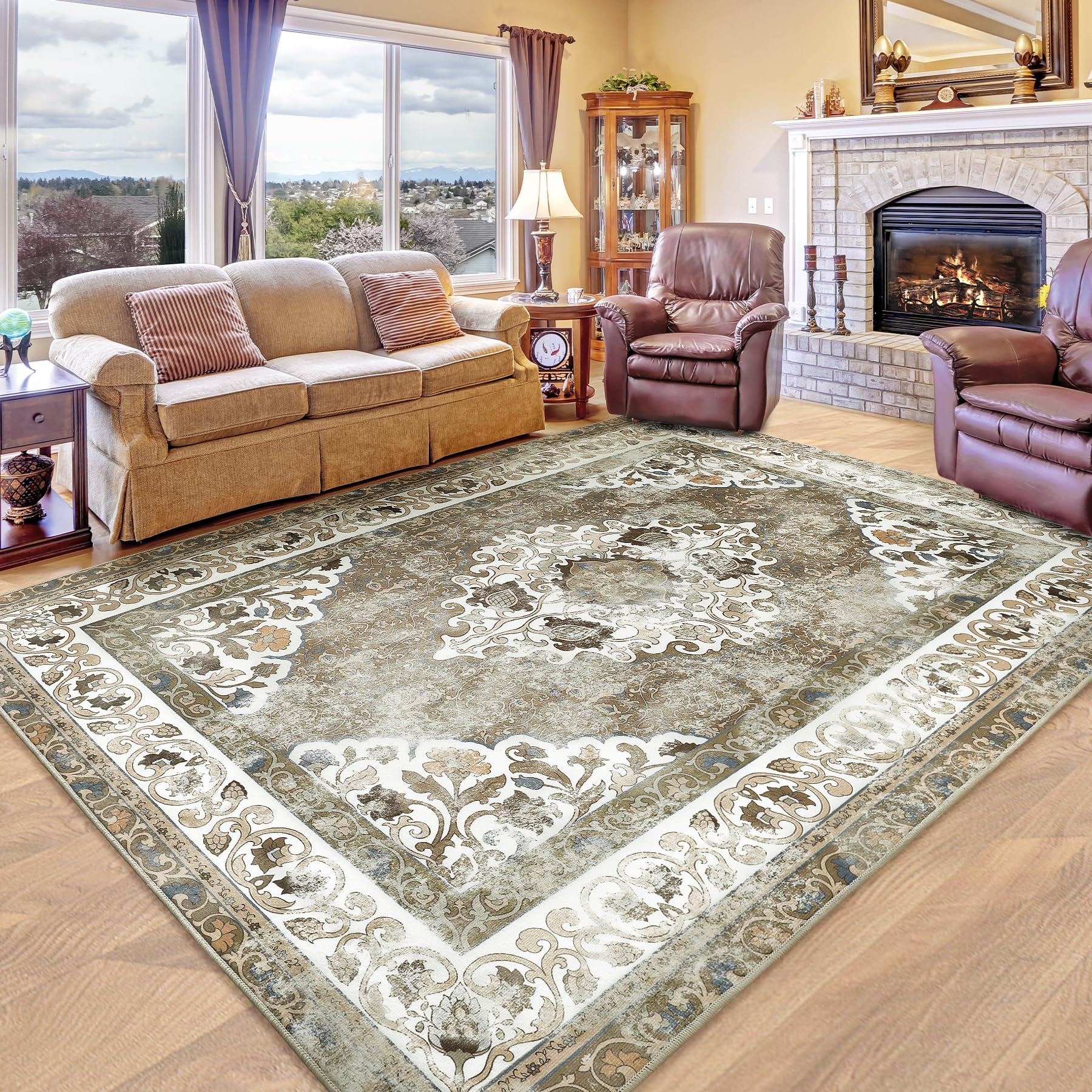 Chicrug 5x8 Area Rugs for Living Room, Grey Memory Foam Rugs for Bedroom, Vintage Distressed Floral Medallion Print Indoor Floor Carpet Rug for Bedside Dining Room Decor