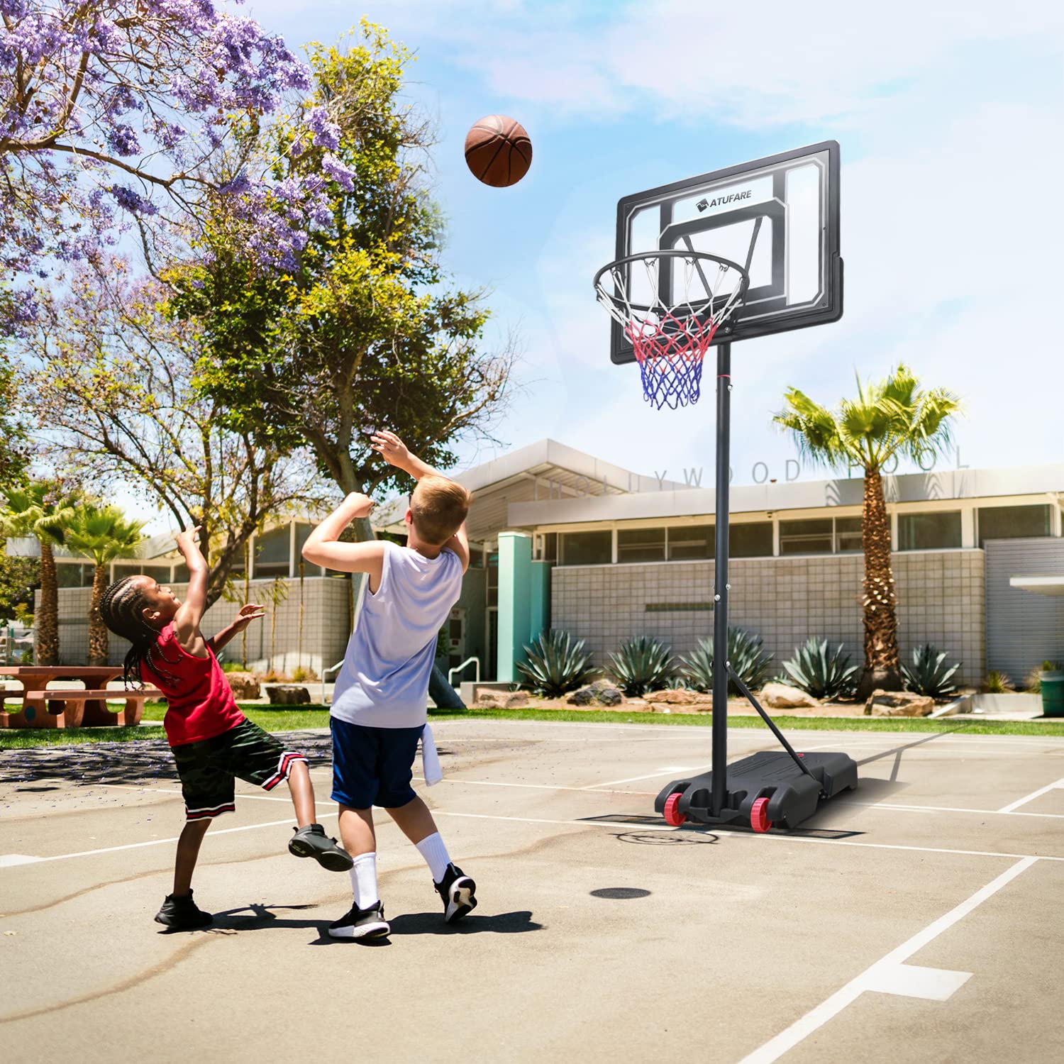 Basketball Hoop Outdoor for Kids Portable Goal System, 5.5-7FT Height Adjustable, 33.5" Backboard &15" Rim, Indoor (Black)