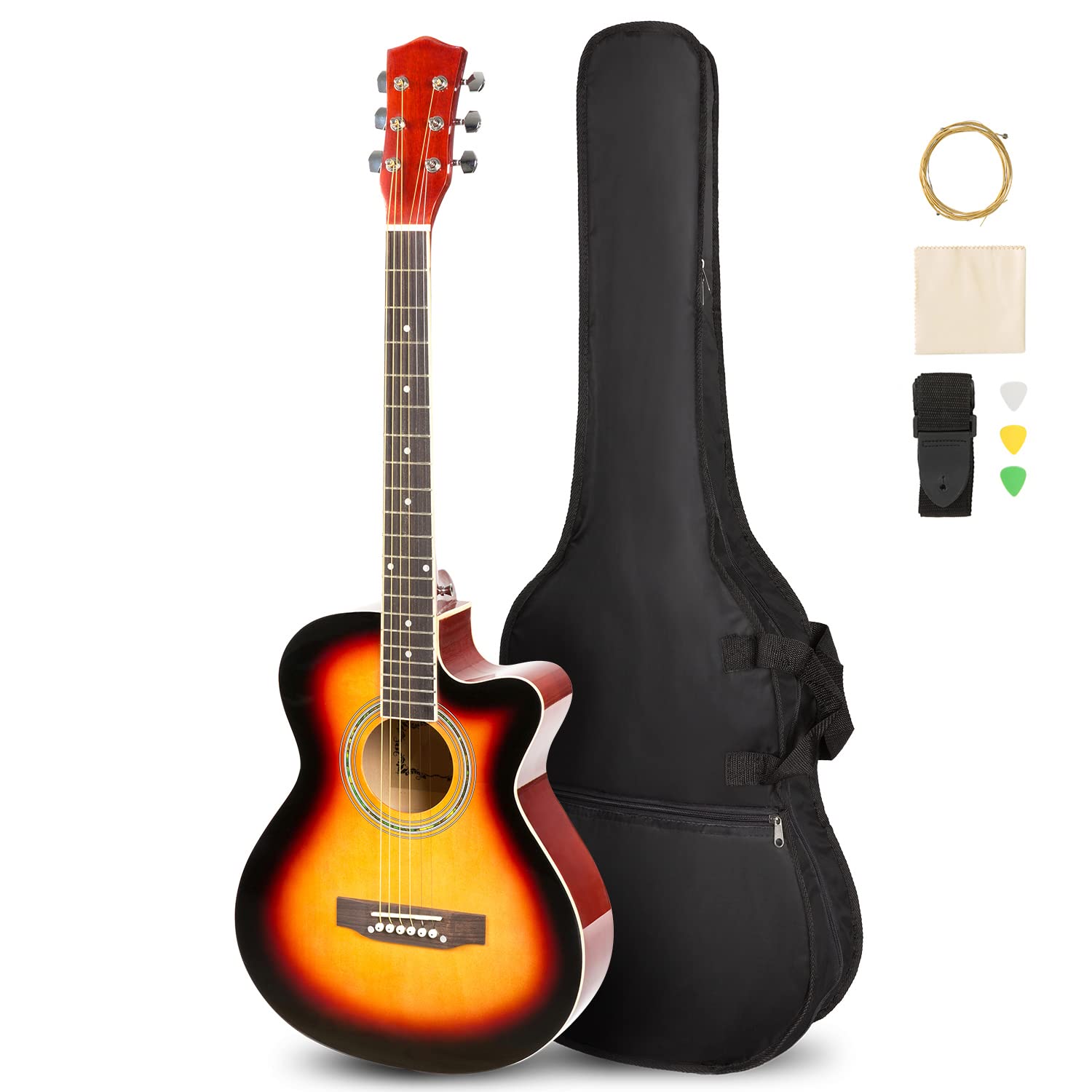 ARTALL 39 Inch Handmade Solid Wood Acoustic Cutaway Guitar Beginner Kit with Gig Bag, Strings, Picks, Strap, Glossy Sunset