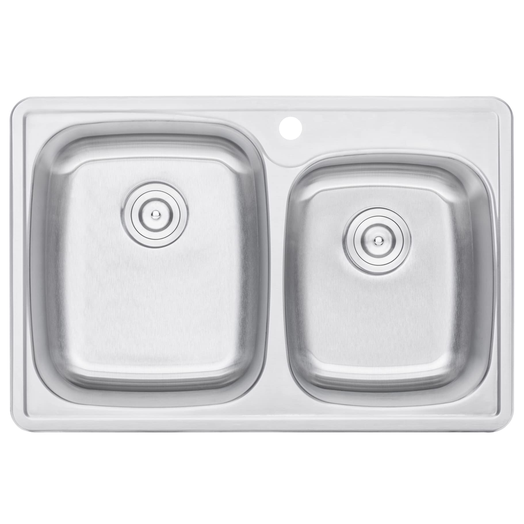CozyBlock 33 x 22 x 9 Inch 60/40 Offset Top-mount/Drop-in Stainless Steel Double Bowl Kitchen Sink with Strainer and Protective Bottom Grid - 18 Gauge Stainless Steel-1 Faucet Hole