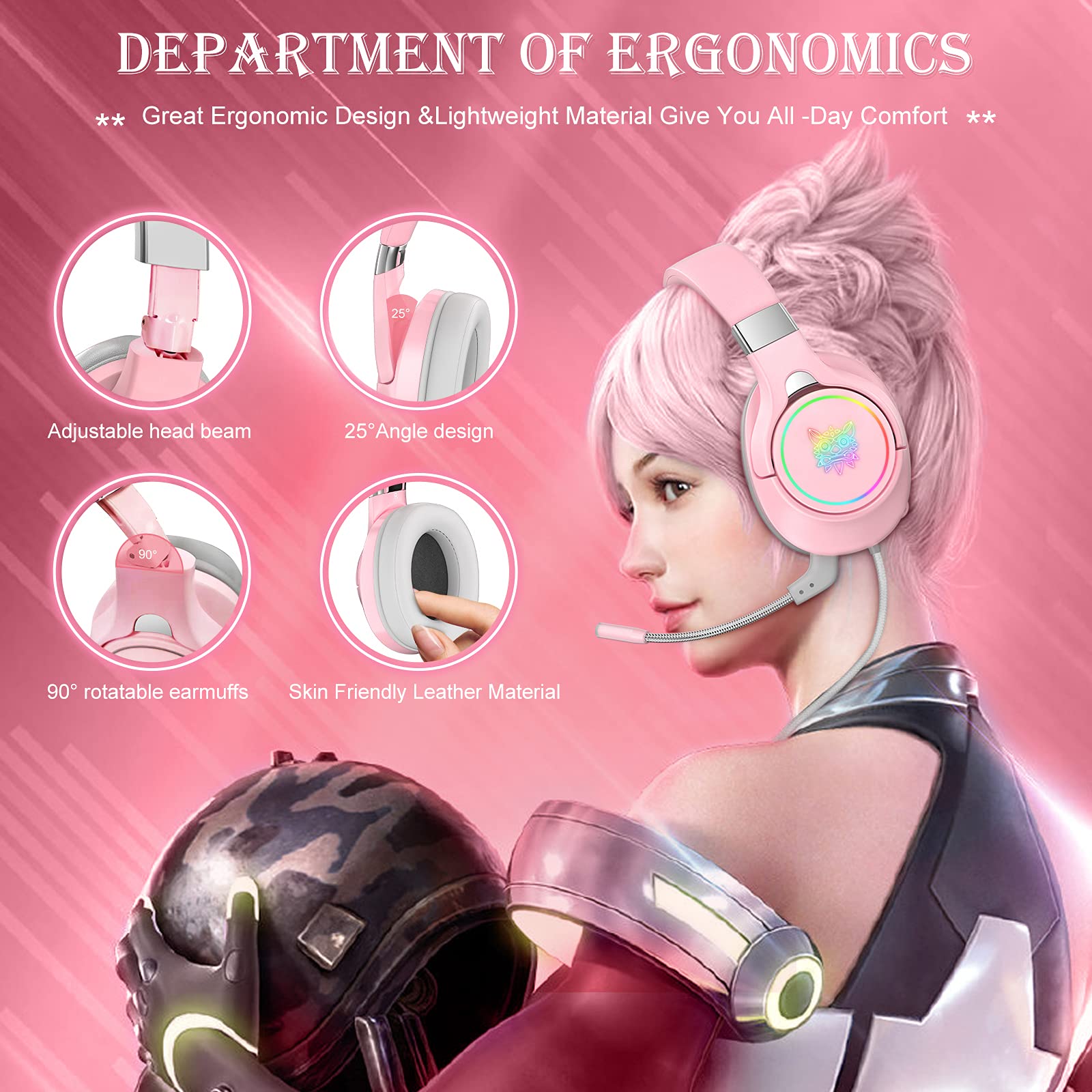 HOLULU Foldable Pink Gaming Headset Compatible with PS5 PS4 PC Mobile Phone Tablet Xbox One(Adapter Not Included), with Detachable Noise Canceling Mic, 3.5mm & USB C Plug, for Adults & Kids