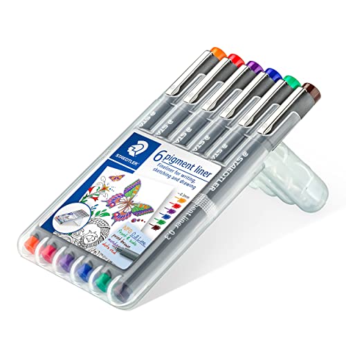 STAEDTLER 30803-SSB6 Pigment Liner Pens - Assorted Colours, 0.3 mm (Set of 6)