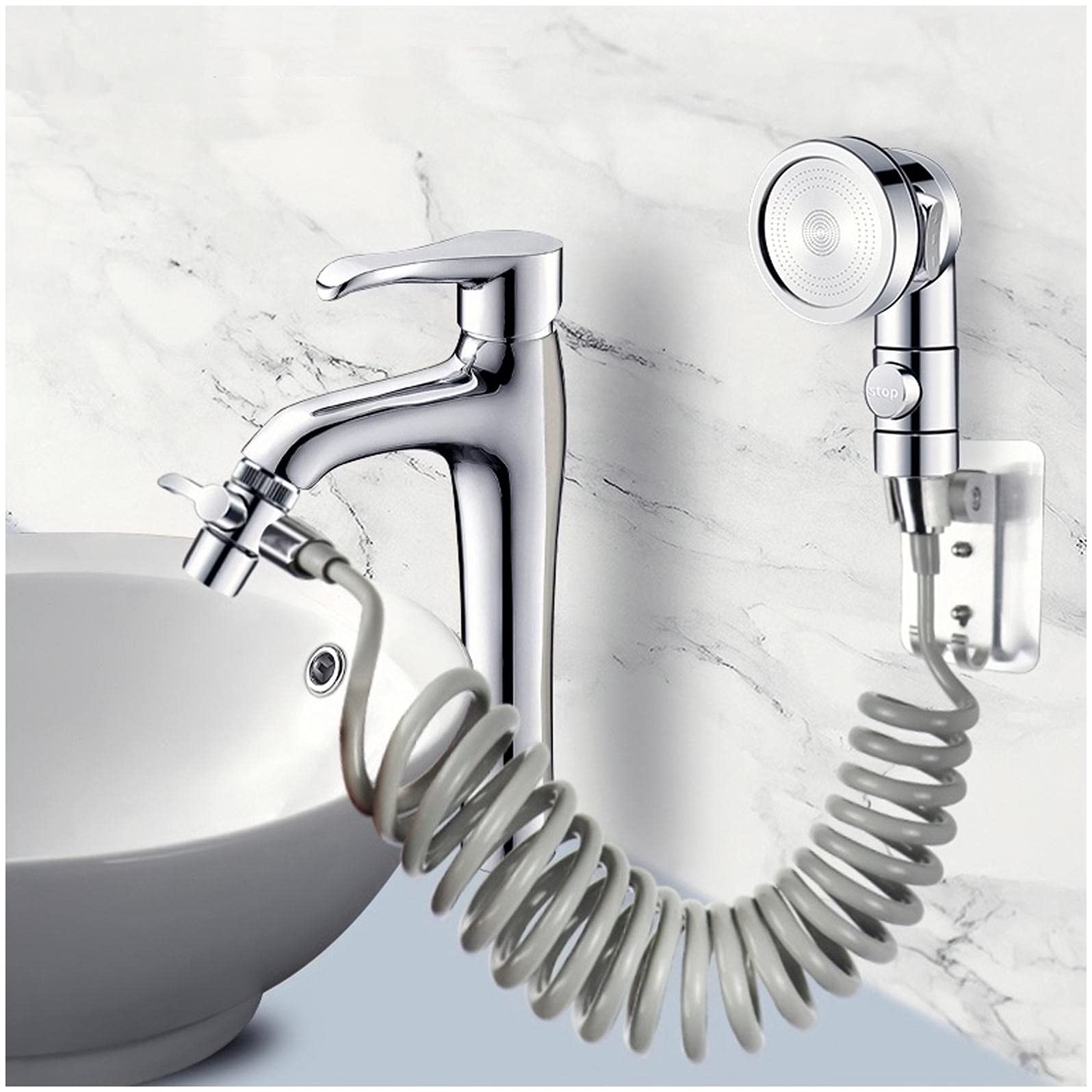 cakuuma Sink Faucet Hose Sprayer Attachment handheld Sink Sprayer with 6 Adapters & ON/Off Extension Salon Shampoo Hose Shower Head for Hair Washing Baby Bath Pet Rinse (4ft, Silver) (XP-HS002)