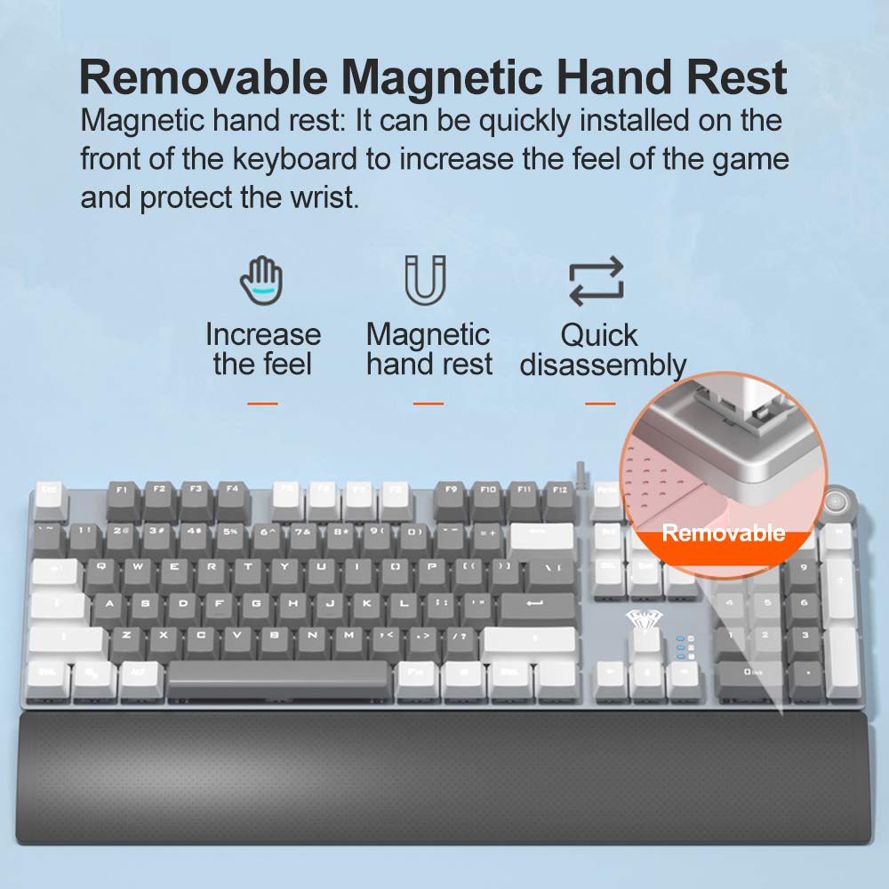 AULA F2088 Grey Mechanical Keyboard Wired with Wrist Rest, Media Knob, PBT Keycaps, White LED Backlit, 104 Keys Programmable Ergonomic Gaming Keyboards for PC MAC Desktop Computer Gamer (Black Switch)