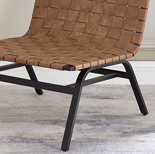 Ball & Cast Mid Century Accent Chair Faux Leather Strap Armless Lounge Chair with Metal Frame, Brown