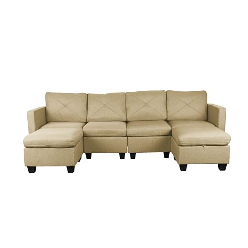 Casa Andrea Milano Modular Sectional Sofa, Linen Fabric Convertible U Shaped Couch with Storage, 6 Seat Modular Sectionals Sofa Couch with Chaise for Living Room