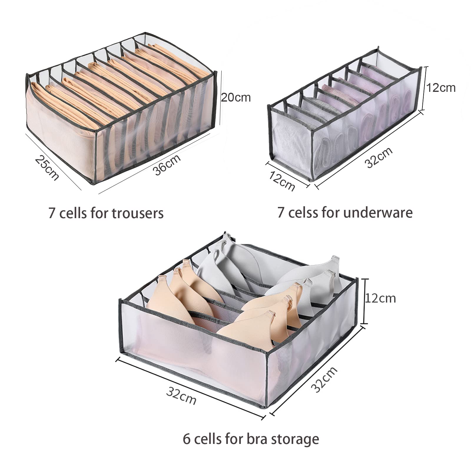 JIESMAERT Wardrobe Clothes Organizer Large Mesh Clothes Storage Containers Foldable Closet Organizer Bins, Visible Grid Storage Box for Bra, Underwear, Socks, Skirts, T-shirts, Jeans Pack of 3