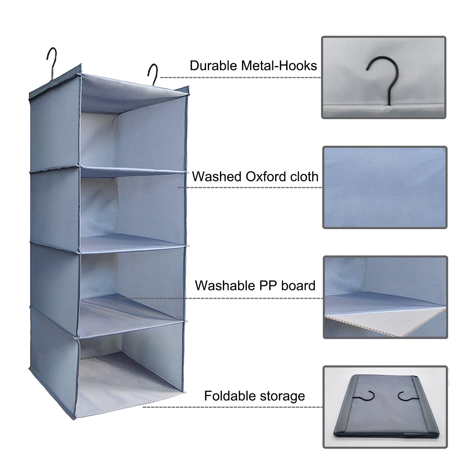 Taoomeho Hanging Closet Organizers and Storage Set,4-Shelf Foldable Hanging Storage Shelves and Dual-Sided Storage Bags,Great for Clothes Bag Bra Underwear Underpants Socks Organization Storage,Gray