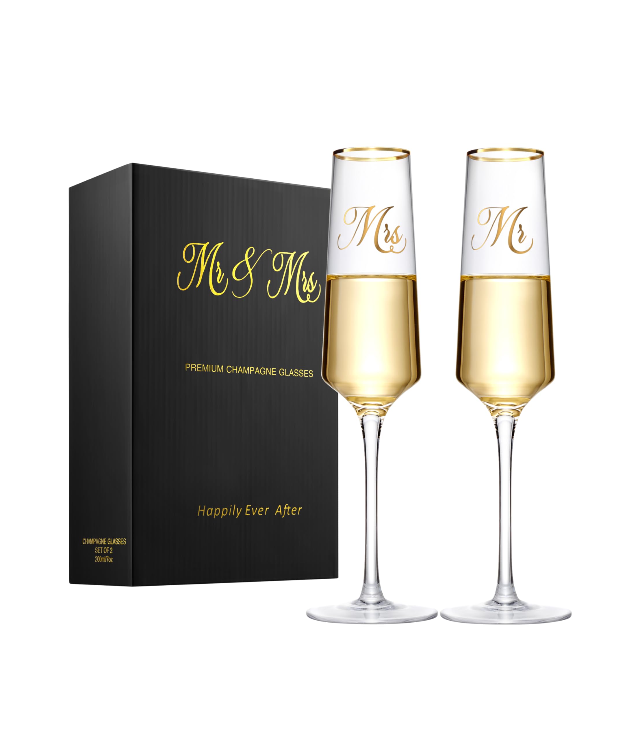 Christmas Mr and Mrs Wedding Champagne Flutes with Long Stem,Bride and Groom Toasting Glass Set of 2, Bridal Shower Gift Unique for Wedding, Anniversary, Wifey Gifts, Engagement Gifts for Couples