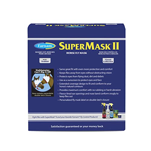 SuperMask II Fly Mask Without Ears for Smaller Horses or Arabian Horses, Full Face Coverage and Eye Protection from Insect Pests, Structured Classic Mesh with Plush Trim, Small Horse/Arabian Size