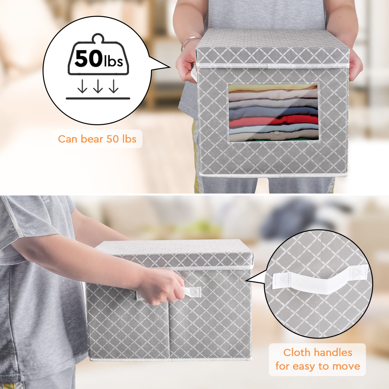 Keaxinty Fabric Storage Bins with Lid, 3 Pack Fabric Collapsible Storage Organizer with Handle,Closet Storage Box with Clear Window for Clothes, Toys, Books, Office (15.7 X 11.8 X 10.2, Grey)