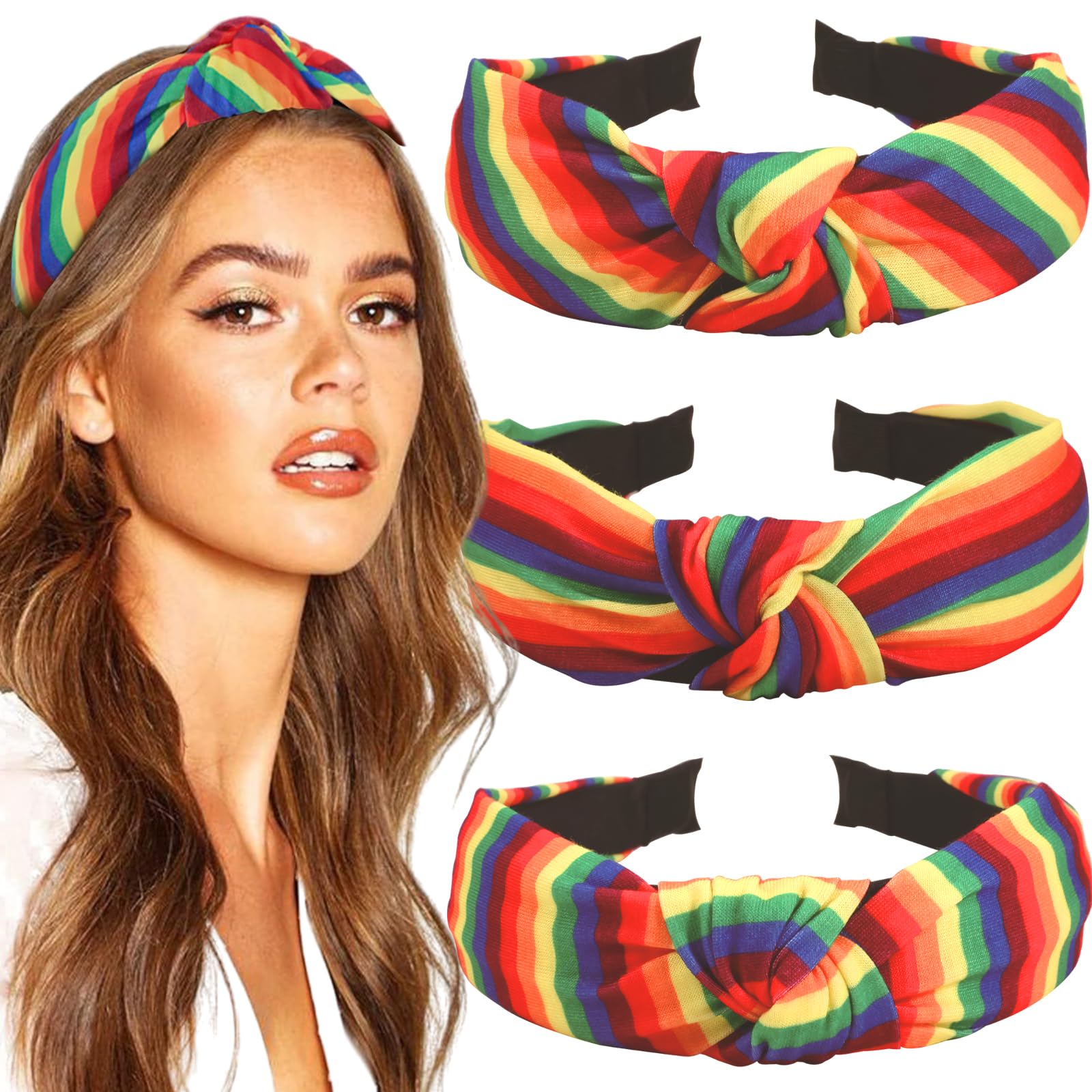 BASEMMAHER 3Pcs Rainbow Headbands Colorful Knotted Headbands LGBTQ Pride Hair Accessories for Women Girls Parade Party Makeup Decor Supplies