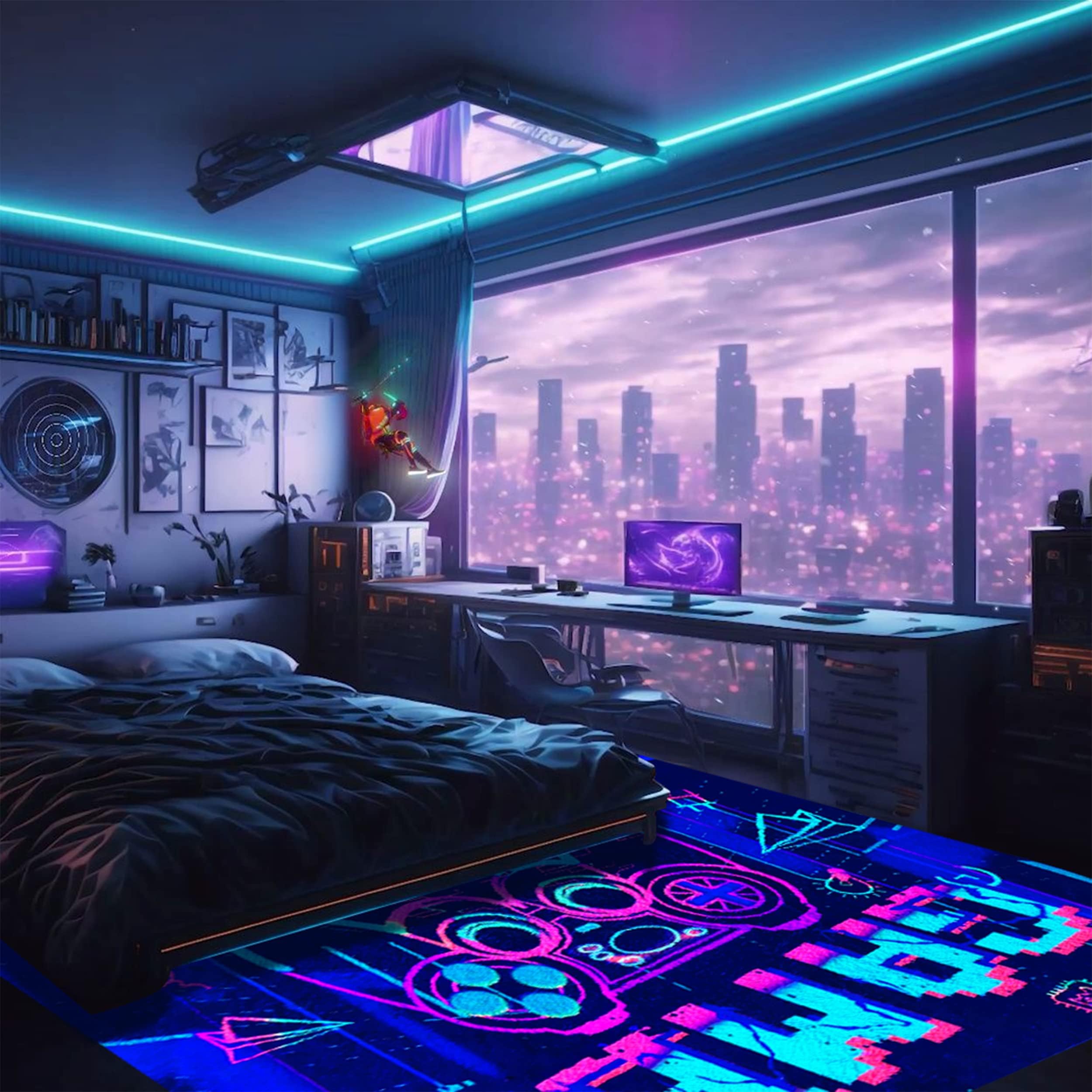 EISKBC Blacklight Gaming Area Rug, Neon 3D Game Controller Carpet, Non-Slip UV Reactive Fluorescent Floor Mat, Glow in The Dark Large Play Mat for Kids Game Room Playroom Decor, 70x47inch