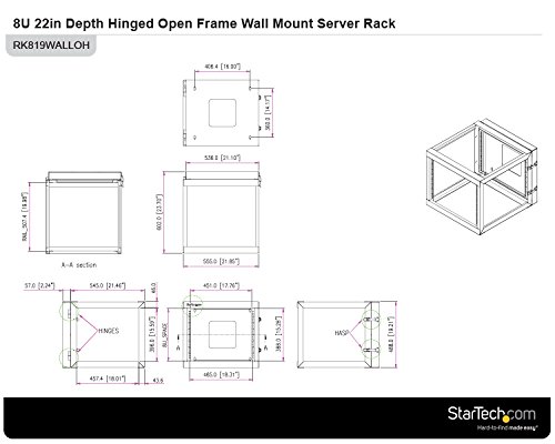 StarTech.com 4-Post 8U Hinged Wall-Mount Network Rack, 19" Open Frame Server Rack with 19.8in Mounting Depth, Wall Mount Swing Out Data Rack for IT / AV / Computer Equipment, TAA (RK819WALLOH)