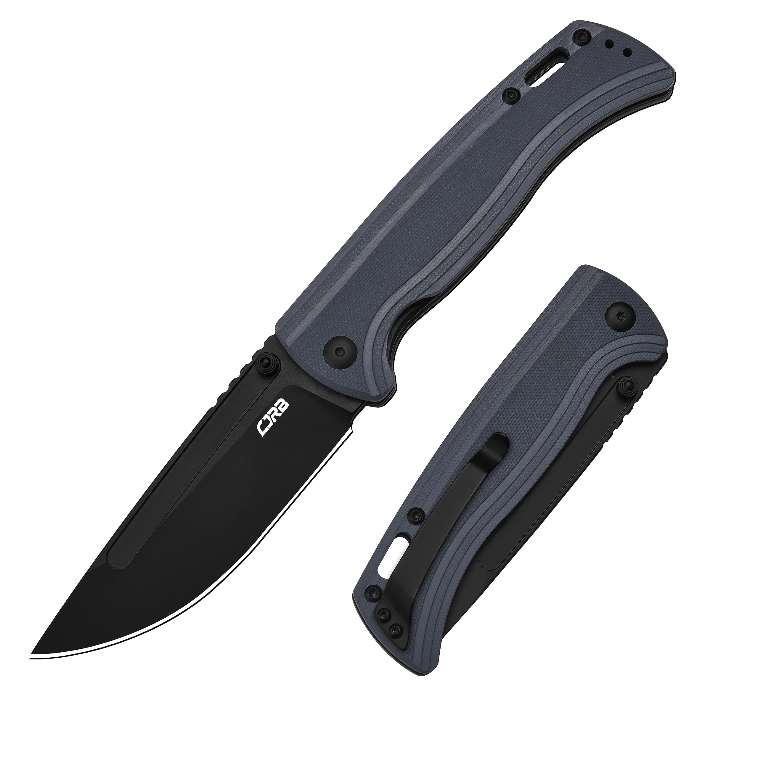 CJRB CUTLERY Pocket Knife Resource (J1932) Thumb Studs Folding Knife for Men Black PVD AR-RPM9 Steel Blade and Grey Blue G10 Handle for Hinking Camping Work Outdoor