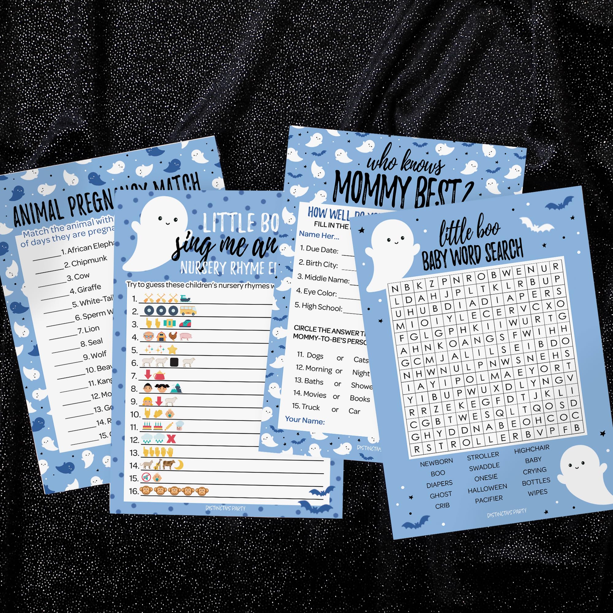 Blue A Little Boo is Almost Due Boy Baby Shower Game Pack, Emoji - Word Search - Who Know Mom Best - Pregnancy Match - 20 Guests, Halloween Baby Shower (4 Game Value Pack 2)