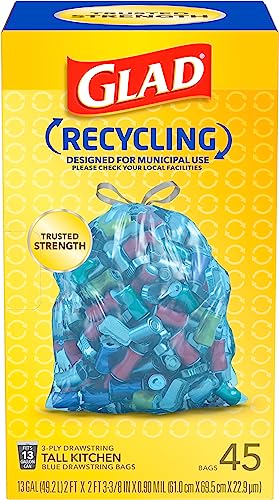 Glad Recycling Tall Drawstring Kitchen Trash Bags, Blue, 13 Gallon, 45 Count, Pack May Vary