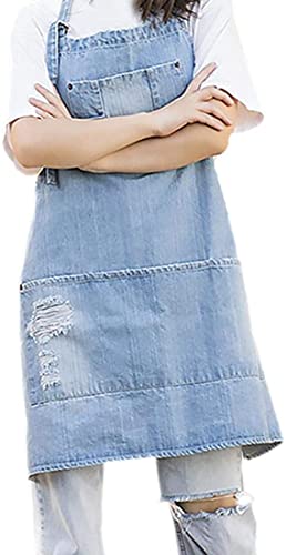 Jowcud Cotton Adjustable Bib Apron with 5 Pockets Cooking Kitchen Aprons Women Men Denim Jean Apron for Cafes Bars Kitchens