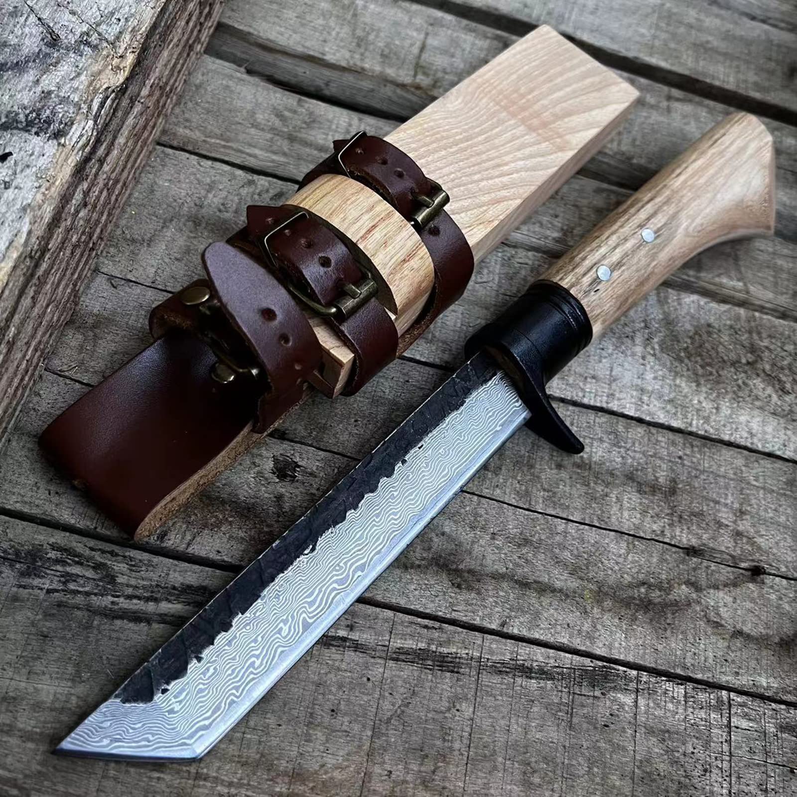 AULAKNIV Damascus Tanto Fixed Blade Hunting Knife with Wooden Sheath, Japanese Camping Survival Knives with Wooden Handle
