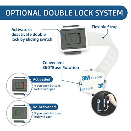 New Version Child Safety Locks 4-Pack. Baby Proof Cabinets, Drawers with Easy Adjustable Strap Length, Double Lock Option, Easier Latch for Adults to Open. Secure Oven, Refrigerator, Toilet, Doors