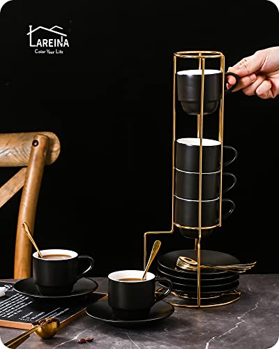 Lareina Porcelain Stackable Espresso Cups with Saucers, Spoons and Metal Stand 4 Ounce Small Cappuccino Coffee Cups Set of 6 - Ceramic Demitasse Cups for Nespresso Lungo, Double Espresso, Black