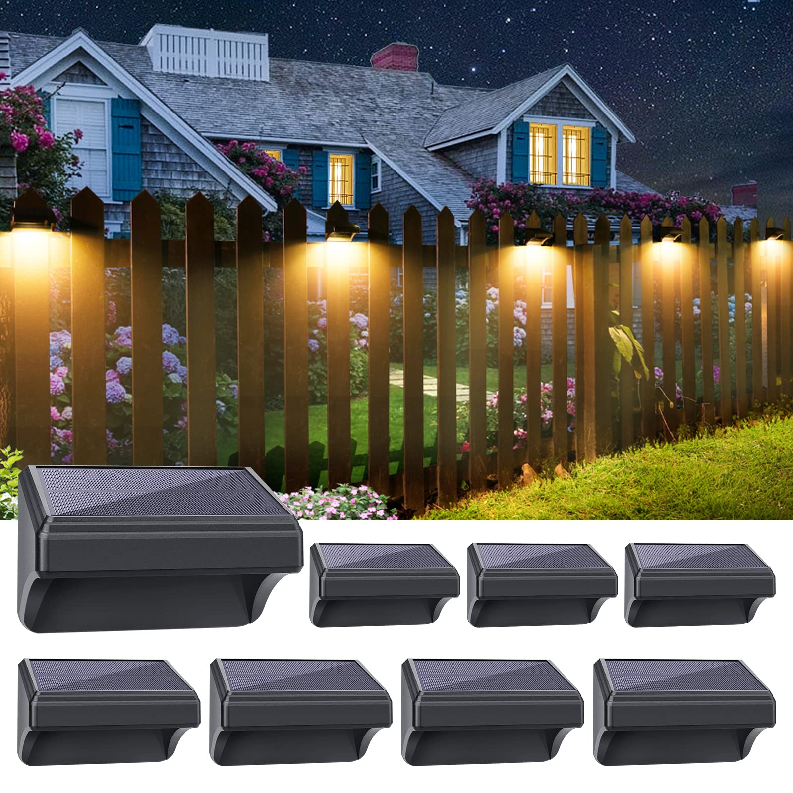 Aulanto Solar Fence Lights 8 Pack, Fence Solar Lights IP65 Waterproof Outdoor Lights,Warm White and 10 RGB Color Glow Modes, Solar Lights Outdoor Decor for Backyard,Garden,Fence,Wall,Deck,Stairs.