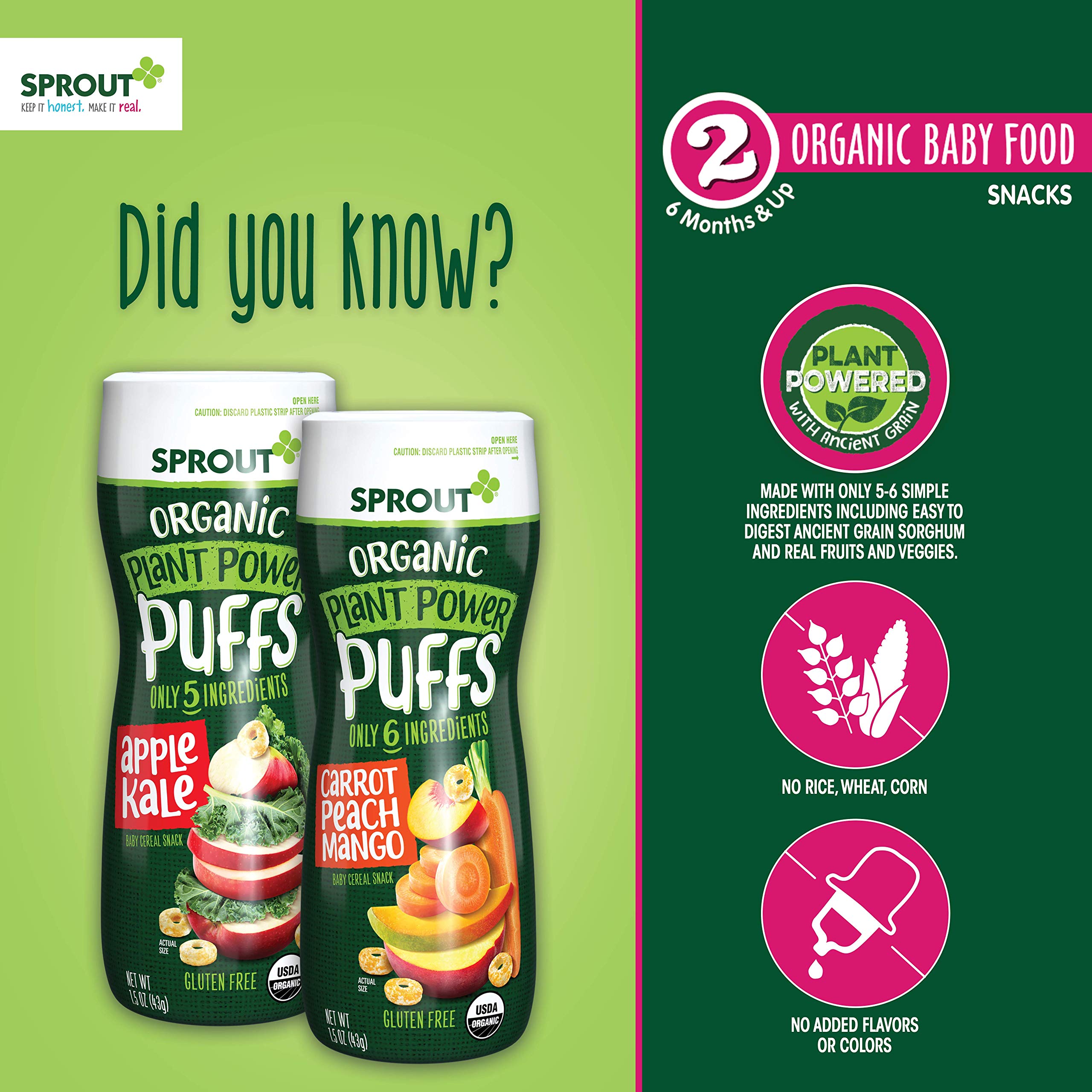Sprout Organic Baby Food, Stage 2 Snacks, Carrot Mango and Apple Kale Plant Power Baby Puffs Variety Pack, 1.5 Oz Canister (6 Count)