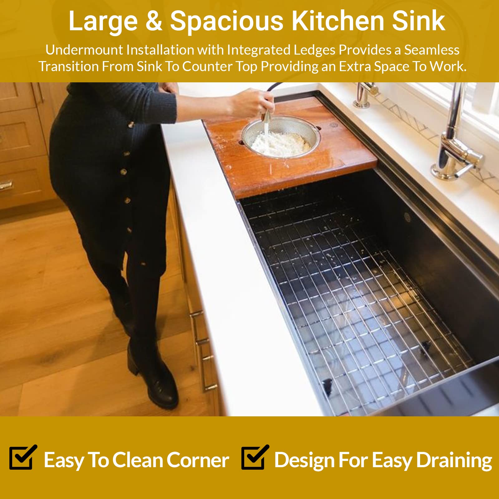 Strictly Sinks 45” Copper Workstation Sink - 16 Gauge 45 Inch Stainless Steel Sink - 2-Tier Undermount Kitchen Sink with 2 Square Strainer Drains, 1 Disposal Adapter, & 6 Workstation Sink Accessories