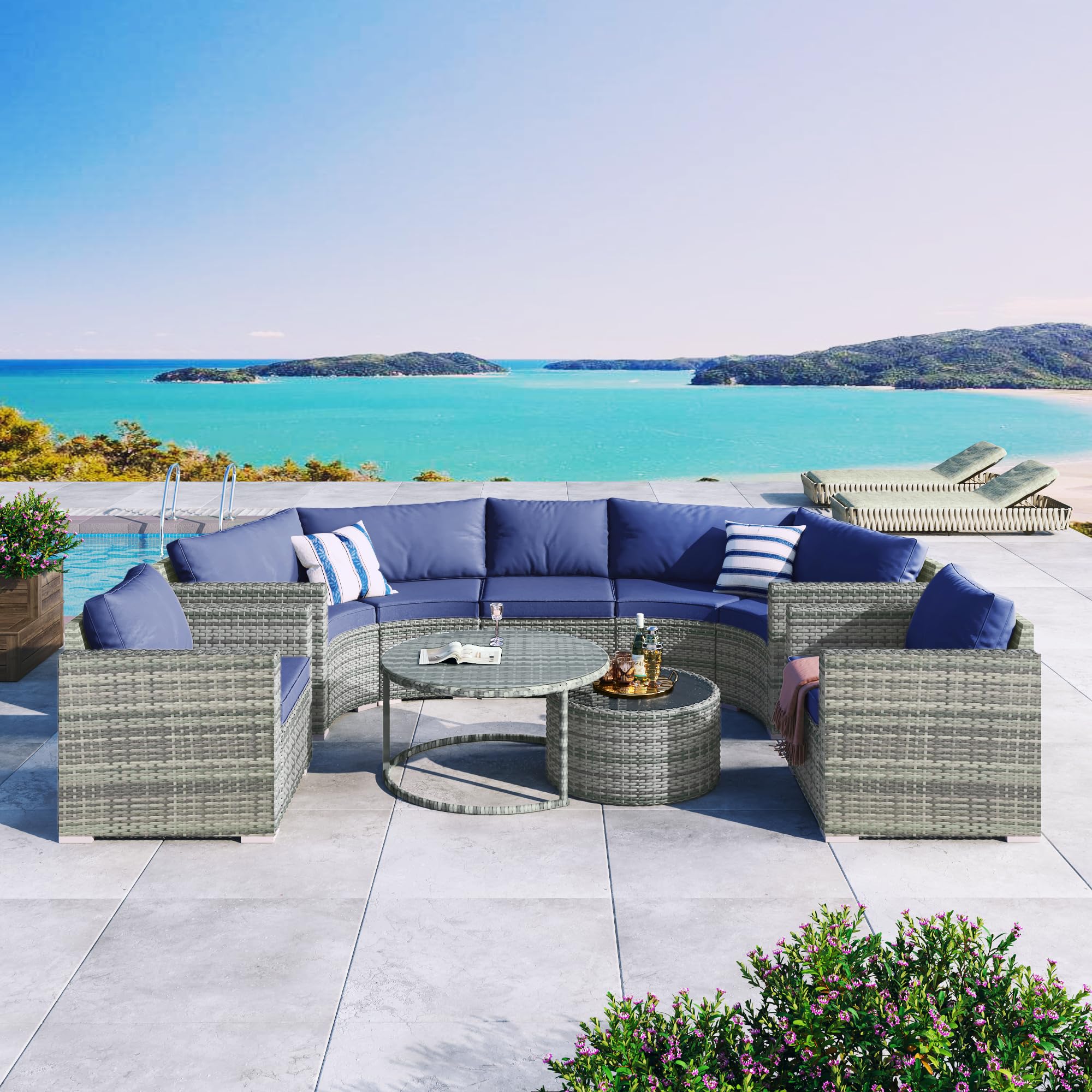 YSWH 9-Piece Outdoor Patio Half Moon Furniture Set, Free Combination Sofa Set Sectional Conversation Set, Rattan Wicker Half Moon Sofa Set with Free Overlapping Round Table