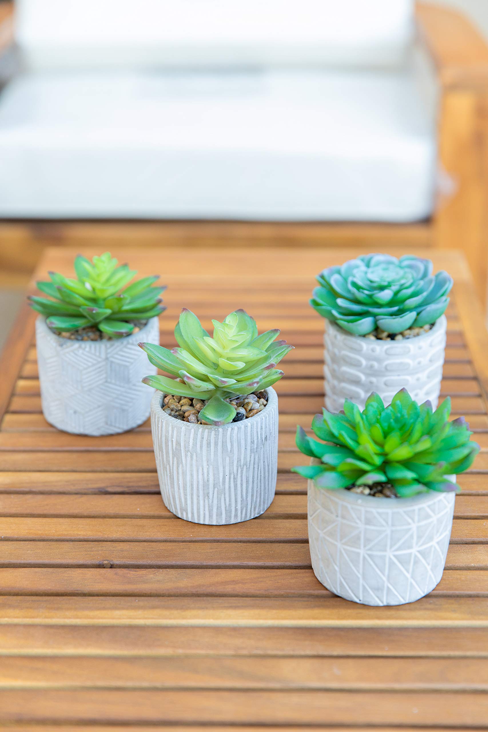 Flora Bunda Mid Century Artificial Plants Cactus Set of 2 Fake Succulent in 3" Cement Diamond line Pot Grey Planter, Potted Plants, for Home Office Decorations