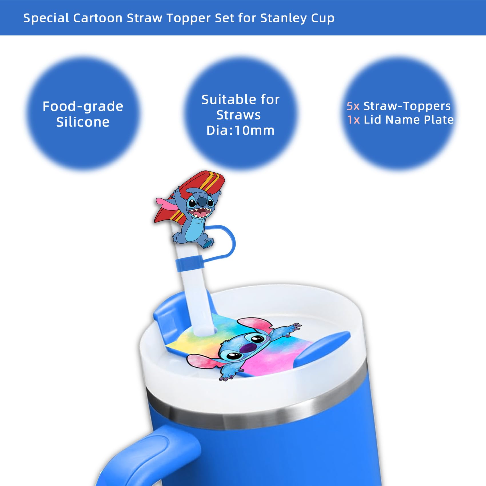 Blue Cartoon Straw Covers Set for 40oz Tumbler Cup, 5PCS 10mm Reusable Silicone Straw Toppers and 1PCS Name Plate for Lid, Blue Straw Topper Cup Accessories