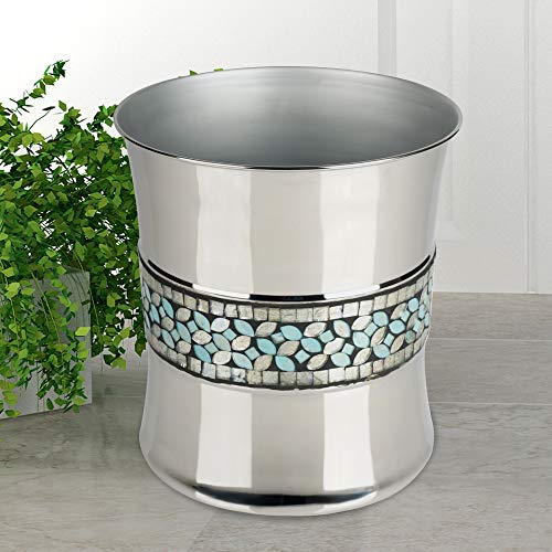 nu steel Sea Foam Wastebasket Trash Bin in Aqua Blue/Silver Glass Mosaic/ Stainless Steel for Bathrooms & Vanity Spaces