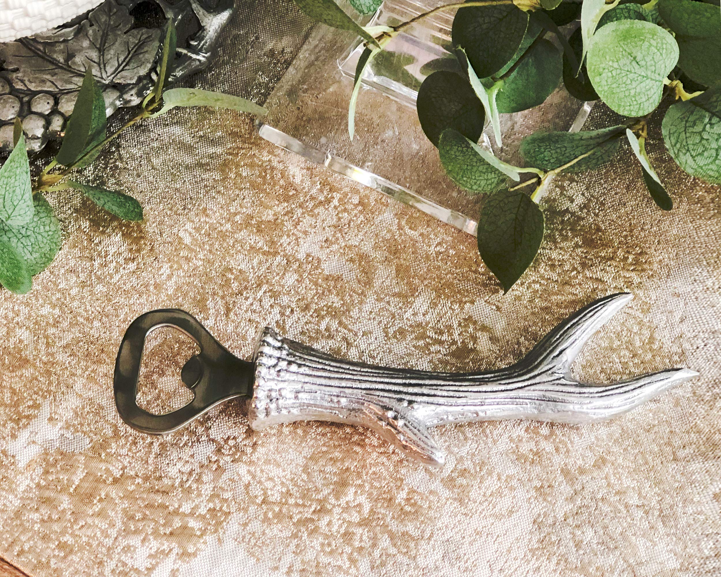Arthur Court Designs Aluminum Deer Antler Elk Bottle Opener - Rustic Forged Stainless Steel Head 7 inch Long