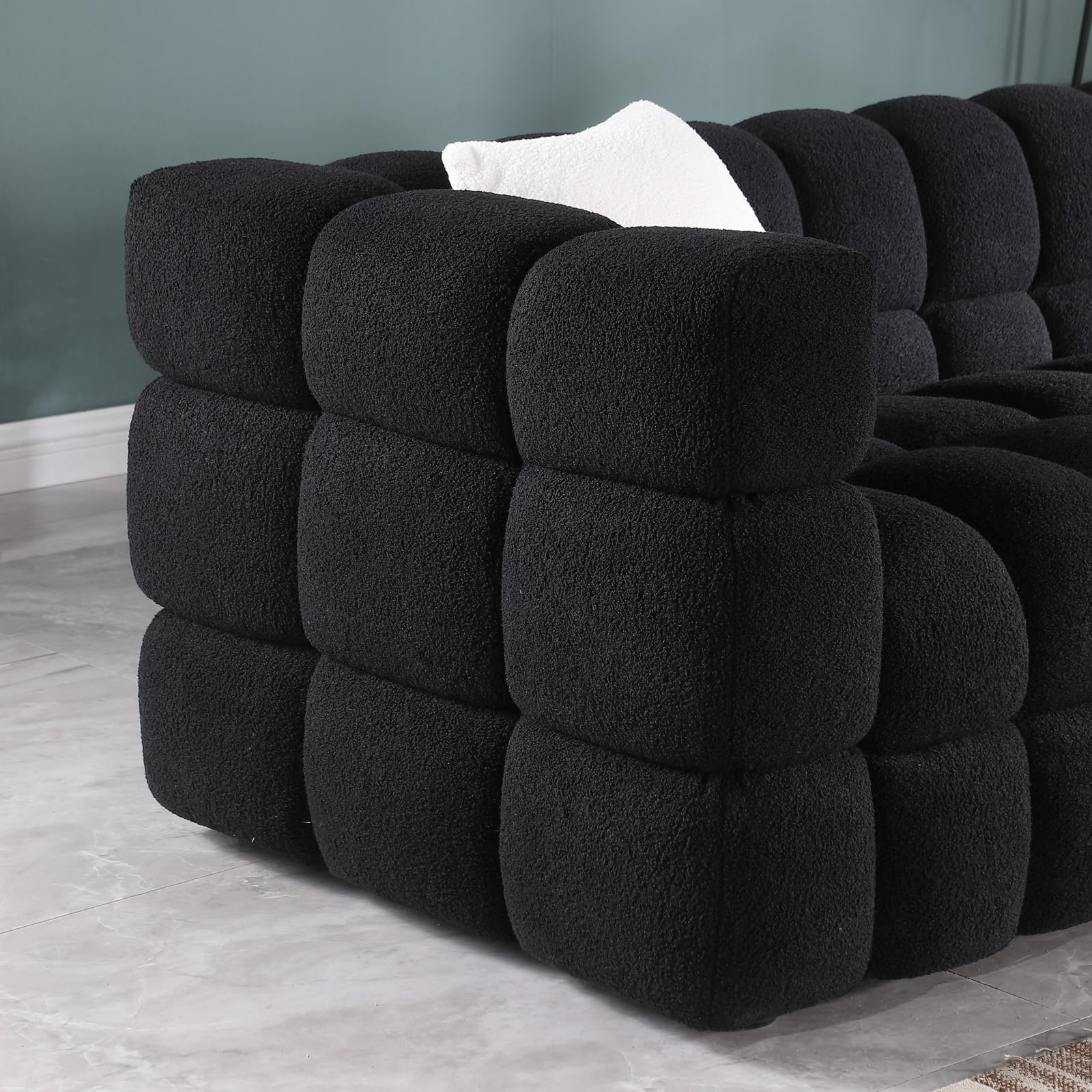 Cloud Loveseat Couch, Modern Marshmallow Boucle Fabric Couches with Plastic Legs Upholstered Tufted Loveseat Sofa with 2 Pillows for Living Room, Bedroom, Office(Black