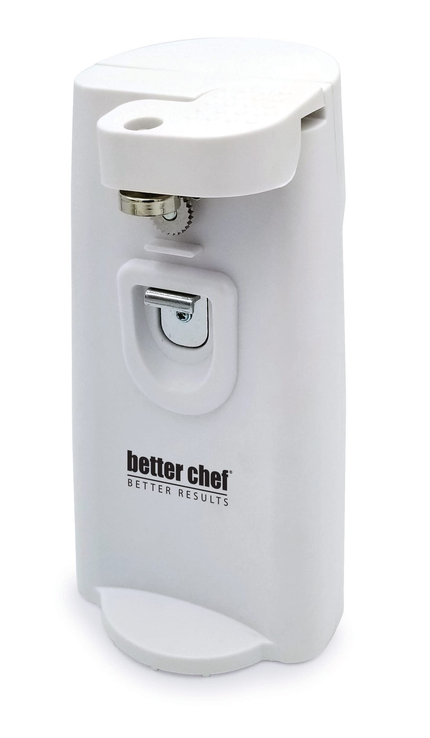 Better Chef Electric Tall Can Opener | 3-in-1 | Built in Knife Sharpener & Bottle Opener | Cord Storage | Auto-Stop (White)