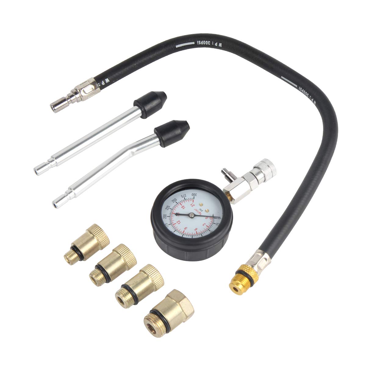 AutoRocking Petrol Cylinder Compression Tester Kit Gas Engine Leakage Diagnostic Tools 0-300 PSI Dual Scale Pressure Gauge Extension Hose Spark Plug Adapters for Car Motorcycle Lawn Mower
