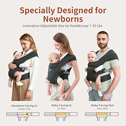Newborn Carrier, MOMTORY Baby Carrier(7-25lbs), Cozy Baby Wrap Carrier, with Hook&Loop for Easily Adjustable, Soft Fabric, Deep Grey