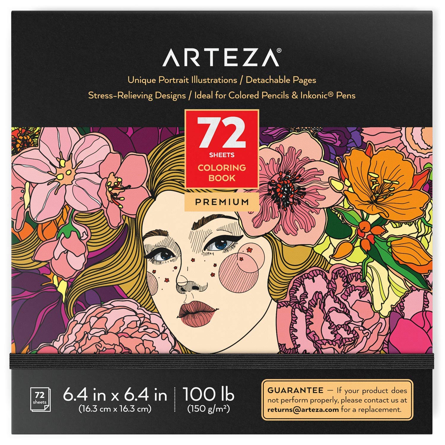 ARTEZA Adult Coloring Book, Portrait Illustrations, 72 Sheets, 6.4x6.4 Inches Coloring Pages, 100 lb Paper