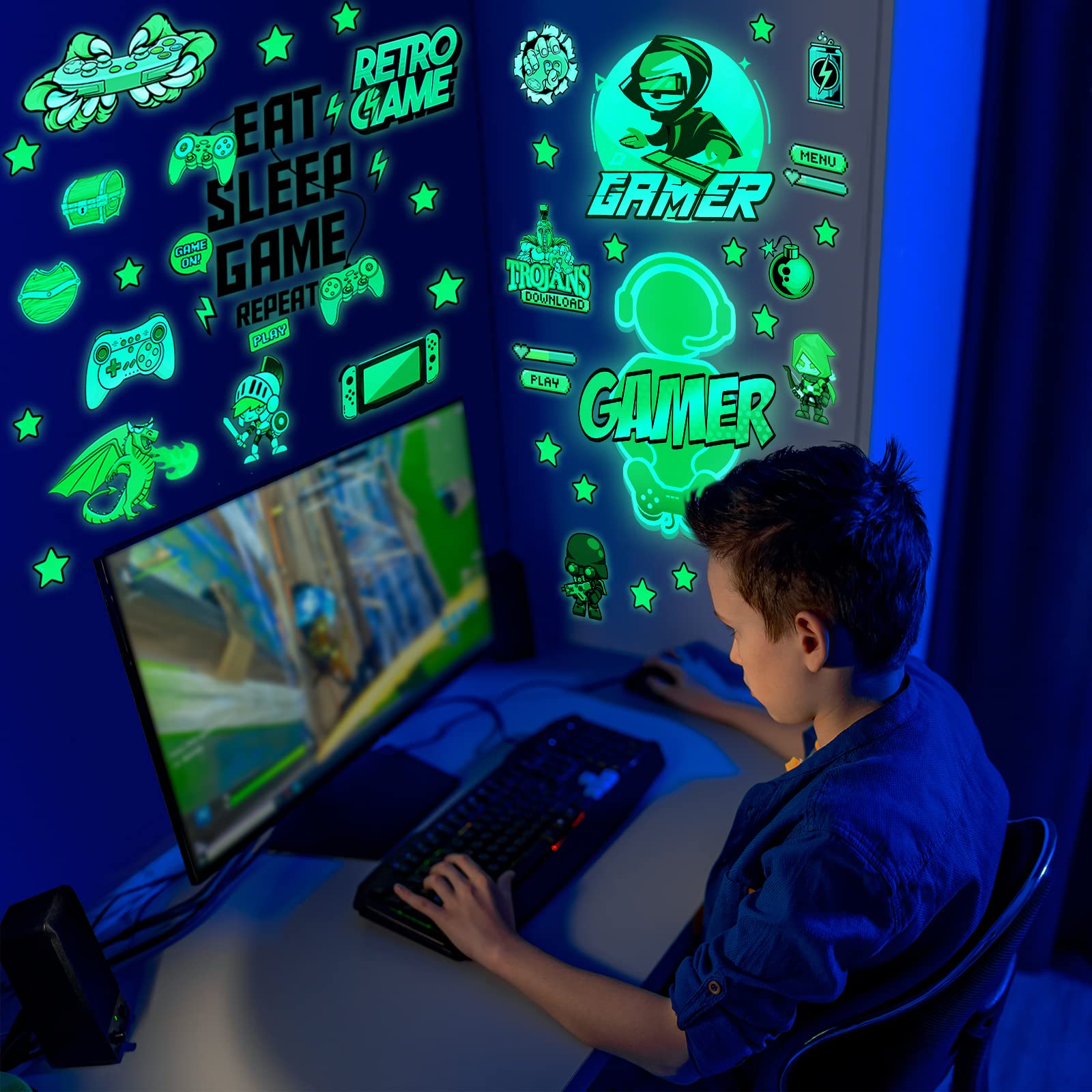 Gamer Room Decor,Gaming Wall Decals Sticker Boys Room Decor,Glow in The Dark Video Game Wall Stickers,Game Wall Decals for Gamer Bedroom Playroom