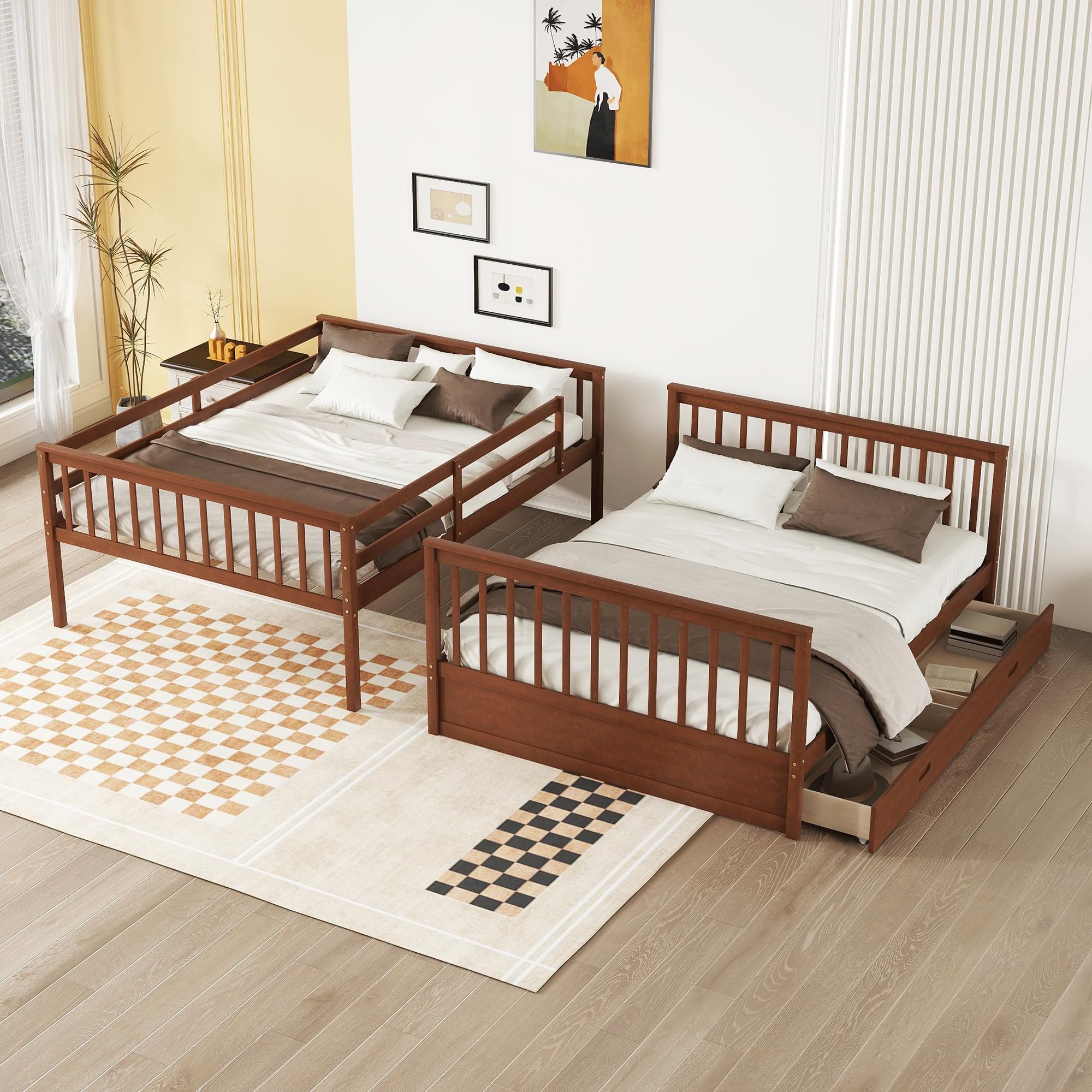 Harper & Bright Designs Full Over Full Bunk Bed with Storage Drawers, Solid Pine Wood Frame and Ladder with Guard Rails for Kids, Teens, Boys and Girls, No Box Spring Needed, Bunk Bed Walnut