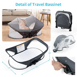 Sporary Travel Bassinet Portable Bassinet,Portable Travel Crib Infant Travel Bed with Mosquito Net and Canopy,Lightweight and Foldable