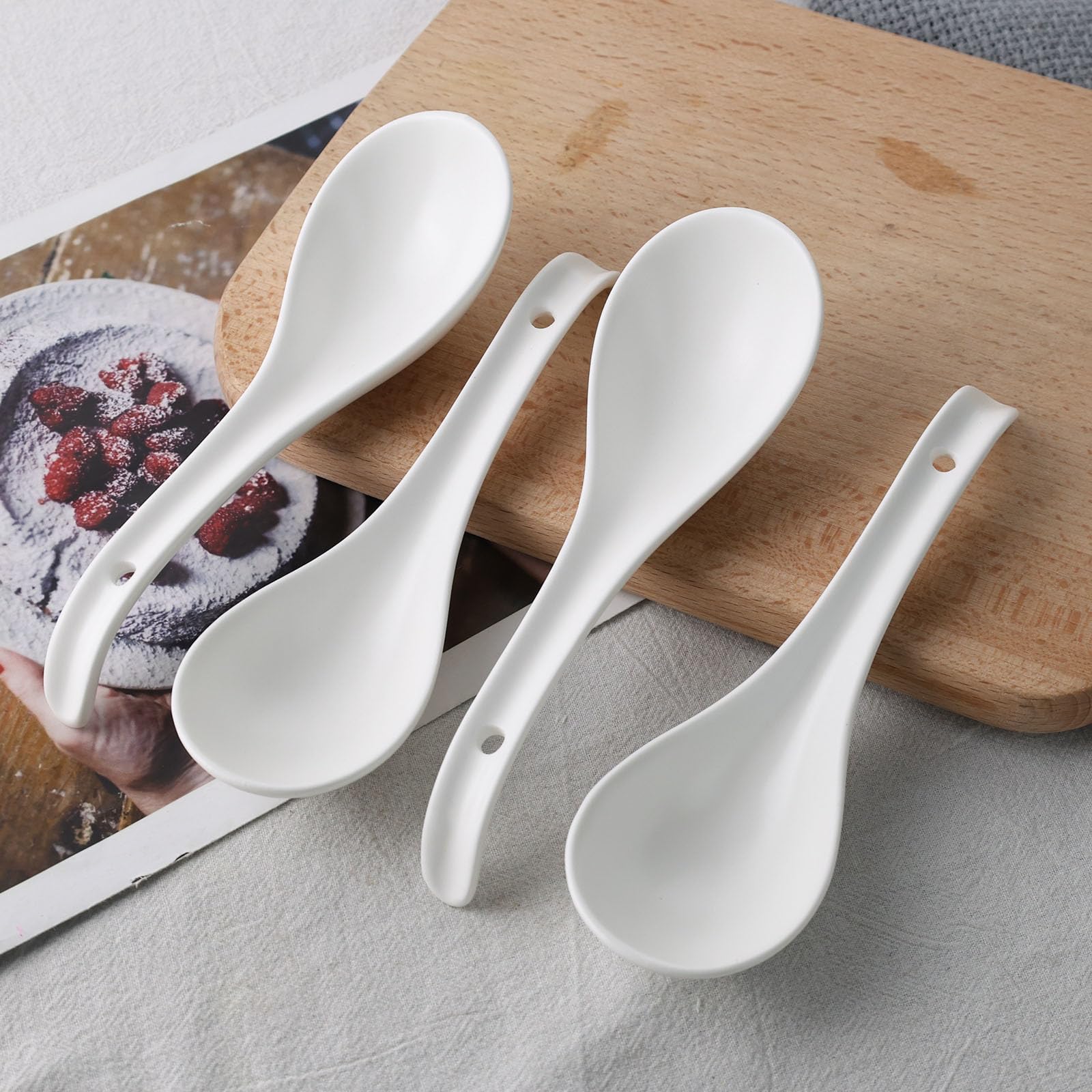 LOVEINUSA Soup Spoons, Ceramic Asian Soup Spoons 6.8 Inch White Large Japanese Soup spoons for Ramen Miso Dumpling Pho Wonton, Set of 6
