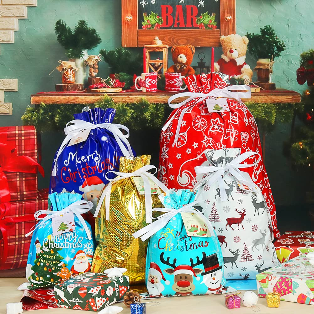 HRX Package Holiday Gift Wrapping Bags Drawstring, 15pcs Christmas Foil Sacks Pouches with Gift Tag for Xmas Presents Party Favor
