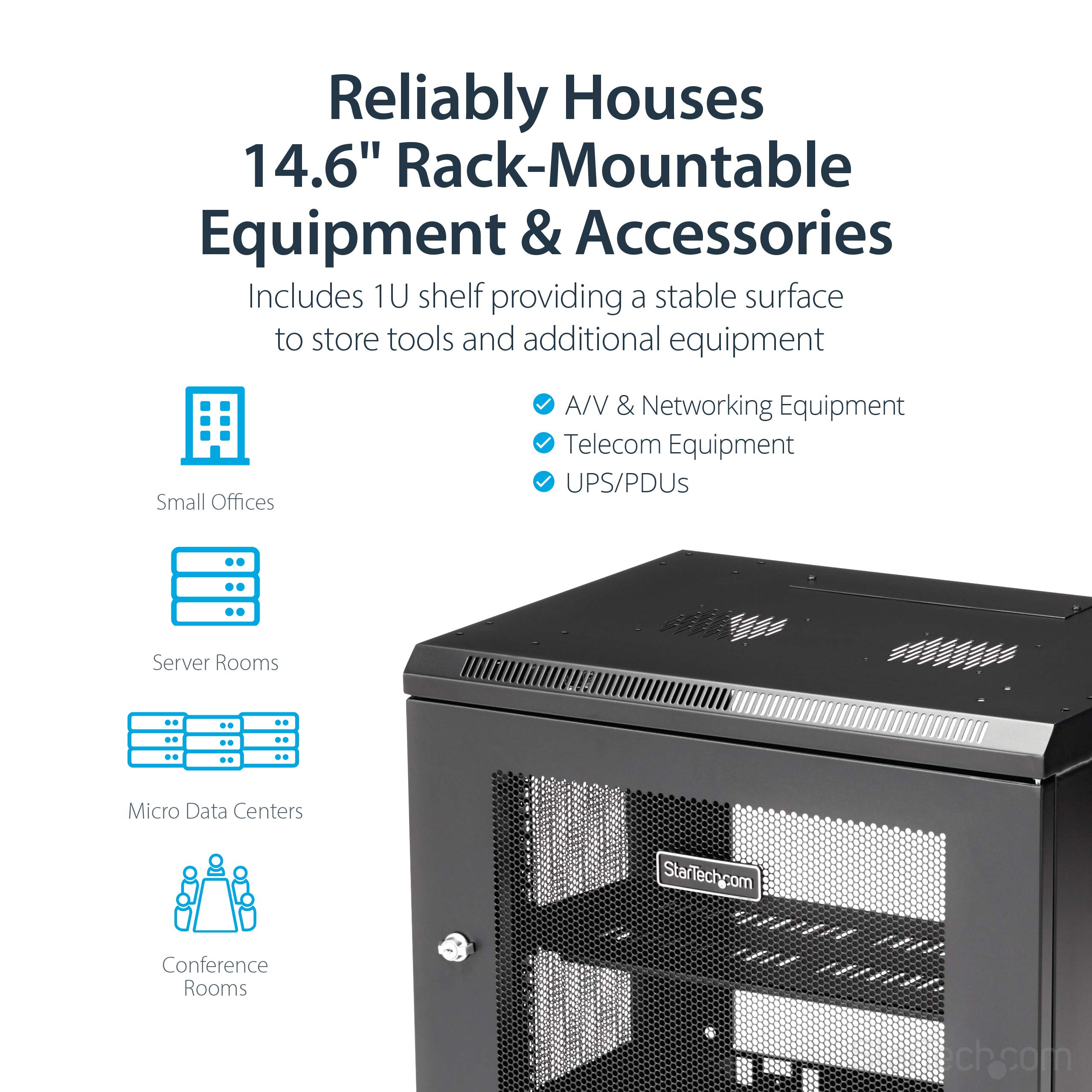 StarTech.com 2-Post 9U Wall Mount Network Cabinet w/ 1U Shelf, 19" Wall-Mounted Server Rack for IT / Data Computer Equipment