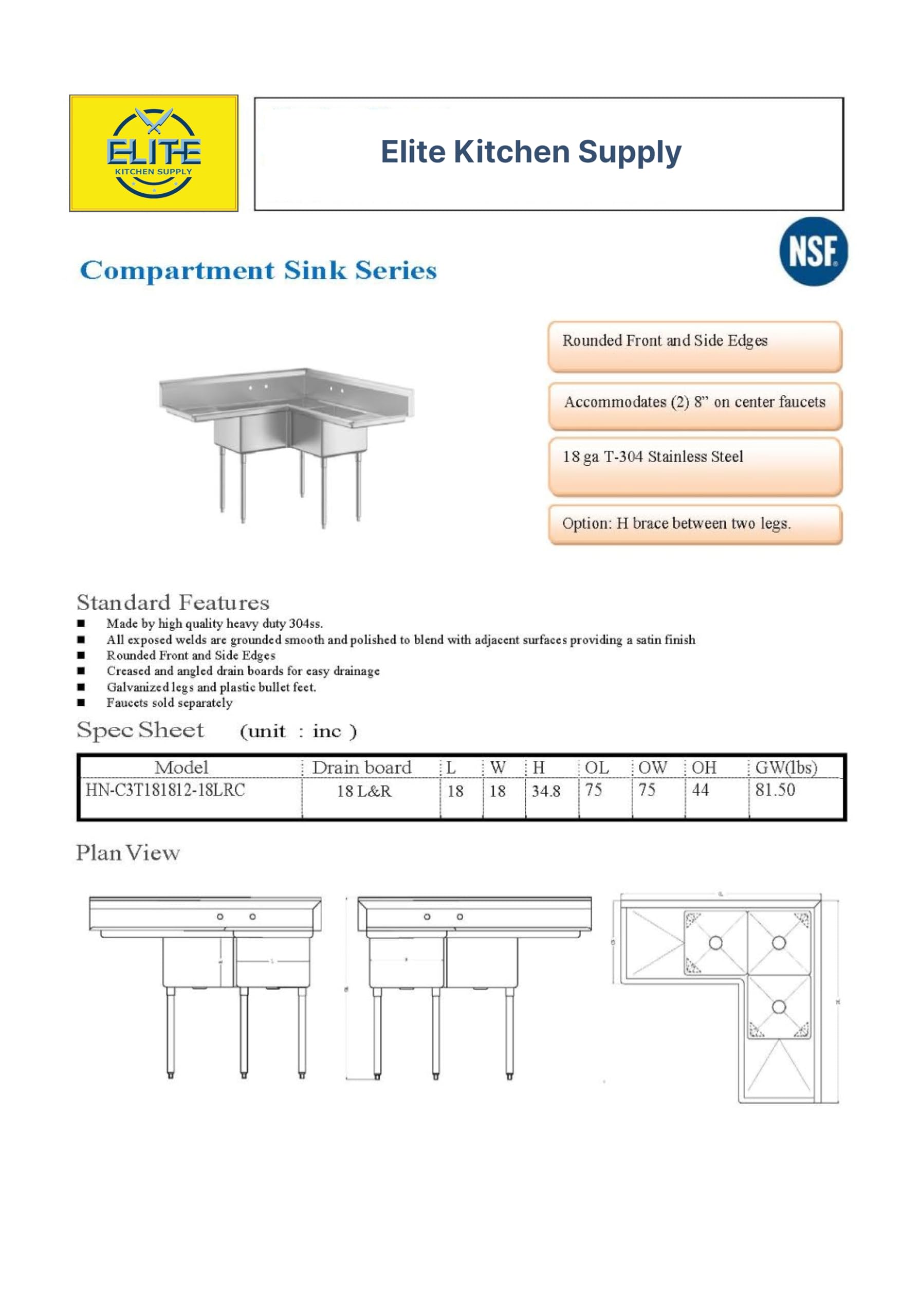Commercial 3 Compartment Corner Sink, Stainless Steel Kitchen Restaurant ETL NSF
