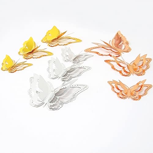HUSGA Butterfly Wall Decor, 3 Sizes Butterfly Cake Decorations, Three-dimensional hollow design Hanging butterfly for Garden Themed Tea Party Graduation Wedding Baby Shower. (Gold)