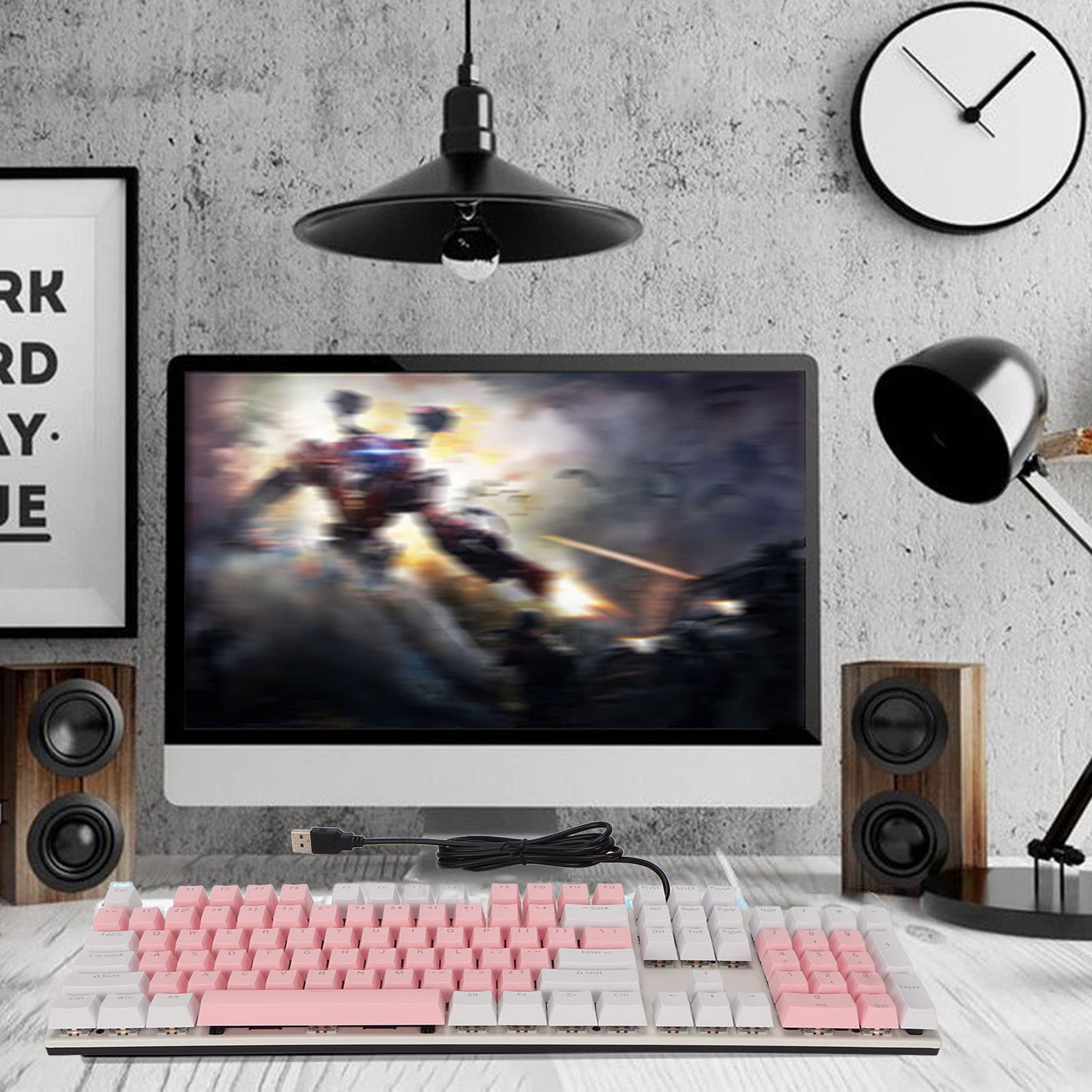 Blue Switch Mechanical Gaming Keyboard, Mechanical Keyboard Ergonomic Scratch Resistant 104 Key High Sensitivity for Home for Office (White Pink)