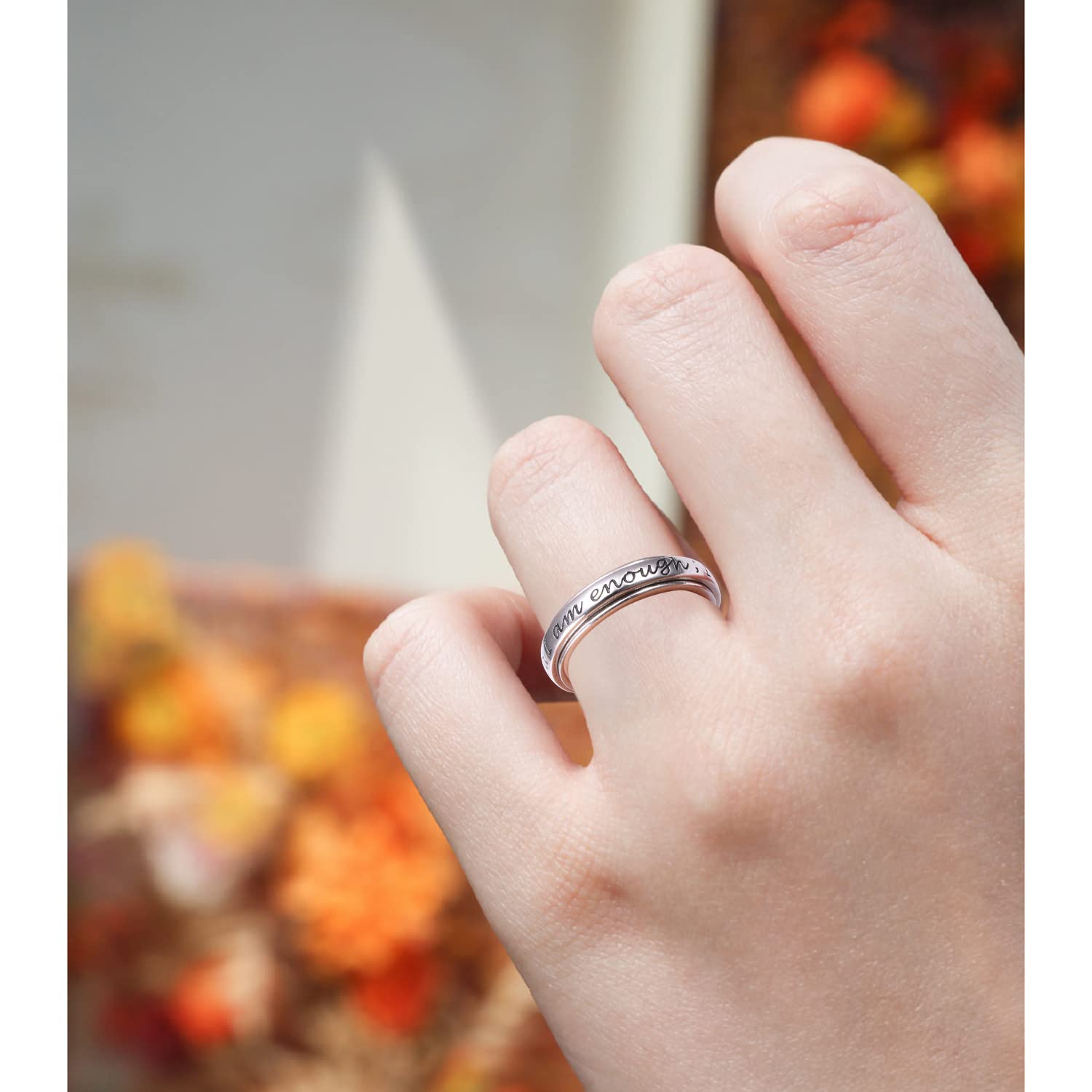 JZMSJF Men Women Spinner Ring 925 Sterling Silver Fidget Rings for Anxiety Stress Relieving ADHD Autism Rings I Am Enough Inspirational Band Ring Size 8