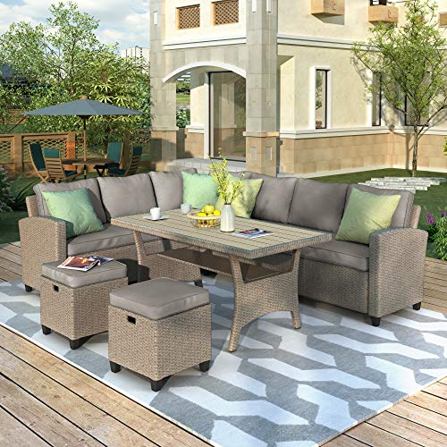 LCH Patio Furniture, 5 Piece Outdoor Conversation Set,All-Weather Wicker Dining Table Chair with Ottoman and Throw Pillows for Lawn, Backyard, Garden, Poolside and Balcony, Beige
