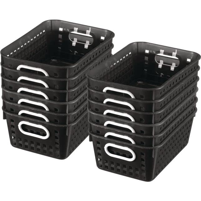 Really Good Stuff Medium Plastic Book Baskets, 11" by 7½" by 4½" - 12 Pack, Black | Versatile Storage Solution for Classroom, Home and Office l Toy Storage, Multi-Purpose Organizer Basket